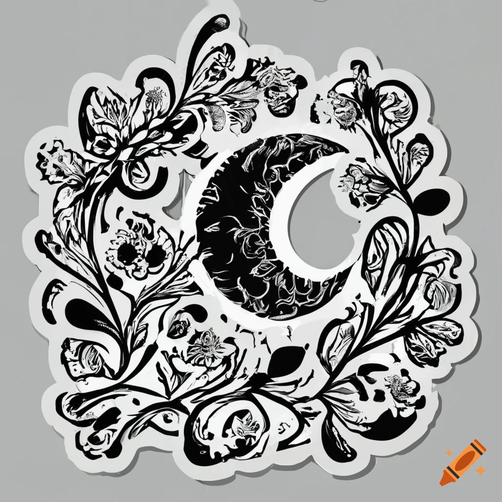Sticker of crescent moon with floral and vine designs in black and ...