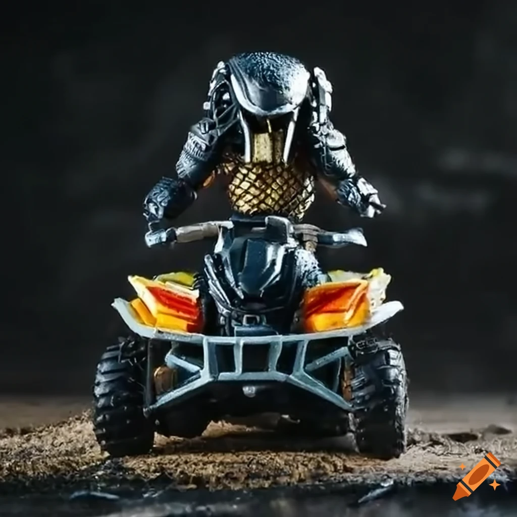 Predator riding an atv in action figure product photo on Craiyon