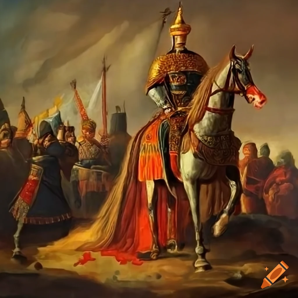 Painting of king of rus on a horse entering a conquered city in the ...