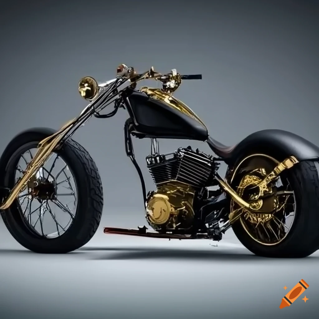 Custom black steampunk chopper motorcycle with gold filigree accents on ...