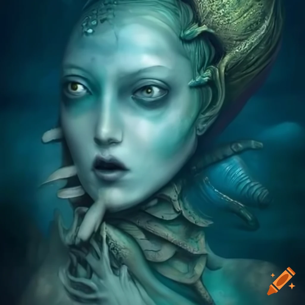 Monstrous female mermaid, surreal aquatic figure in fantasy art on Craiyon