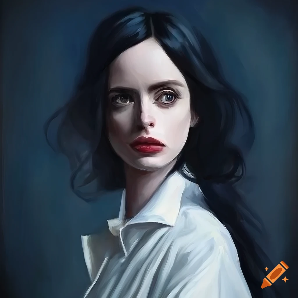 Krysten Ritter in a white raincoat, hyperrealistic vintage portrait on ...