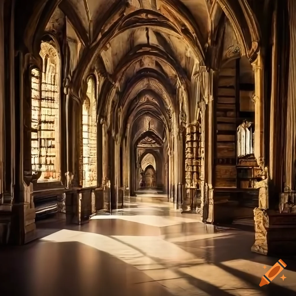 Vast ancient multilevel library with sunlit cavern and bookshelves on ...