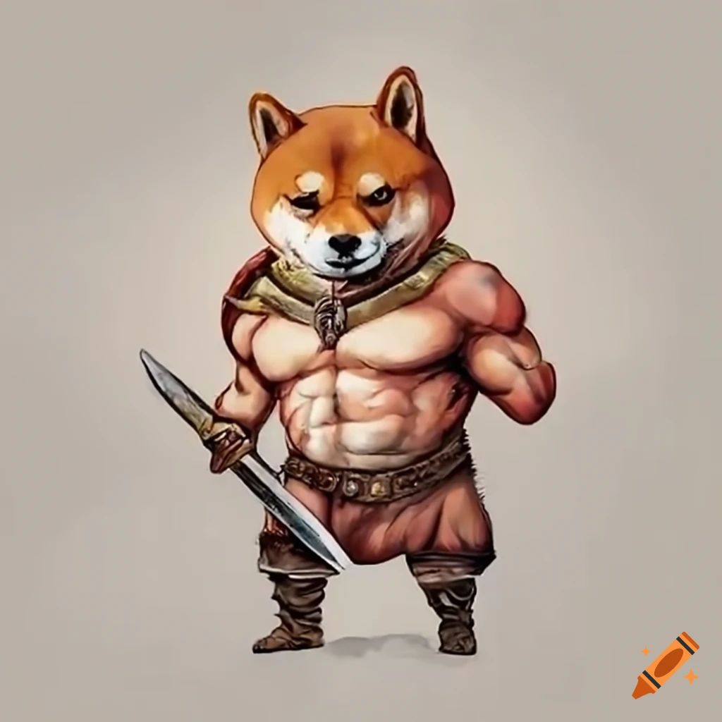 Muscular shiba inu dressed as Conan the Barbarian wielding a sword on ...