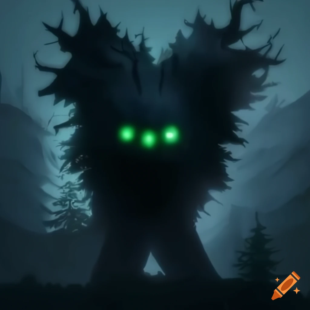 Roblox game thumbnail creature jumping out of a dark forest on Craiyon