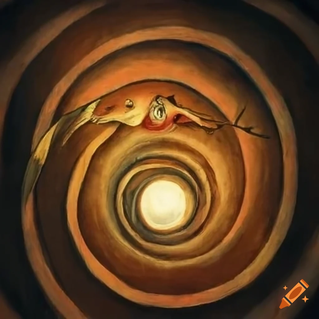 Birds in a spiral flying into the sun inspired by hieronymous bosch on ...