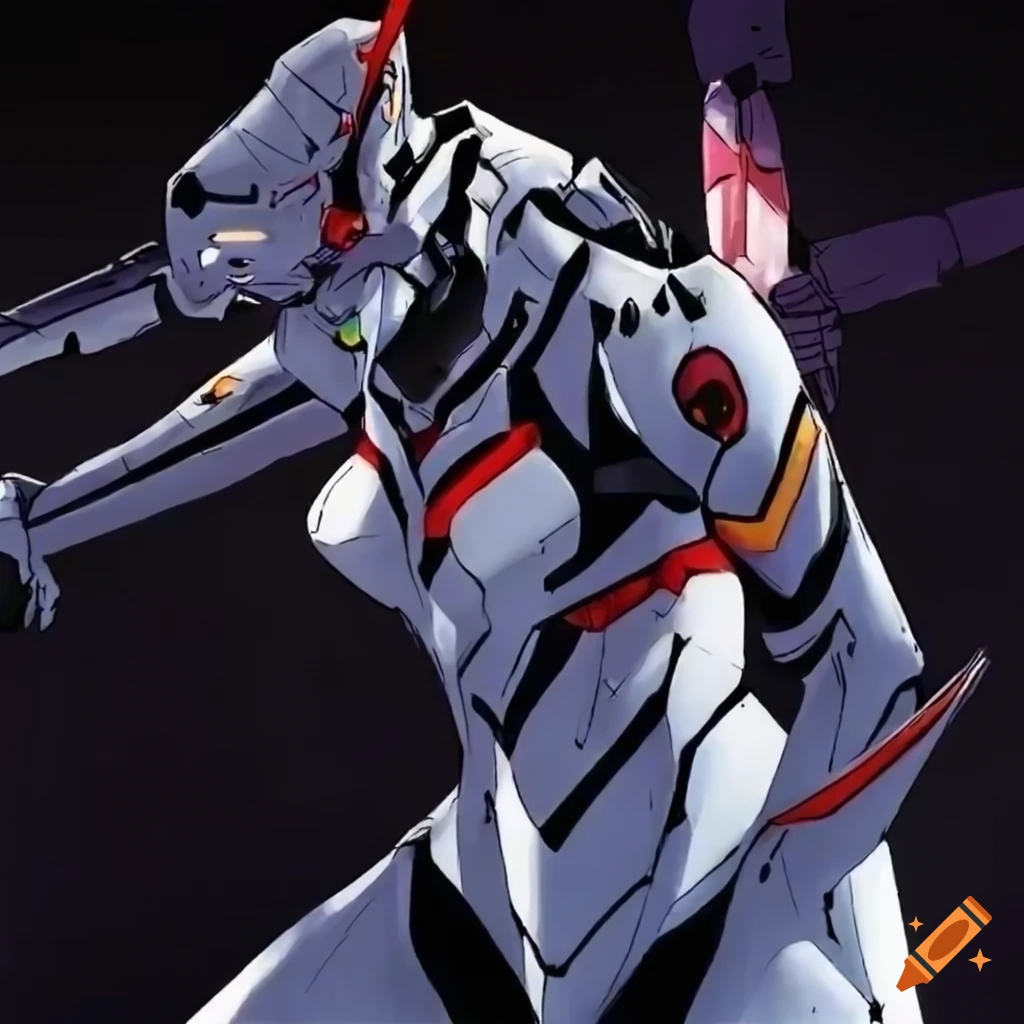 Colorful manga style illustration of fighting white Unit Evangelion 25 ...