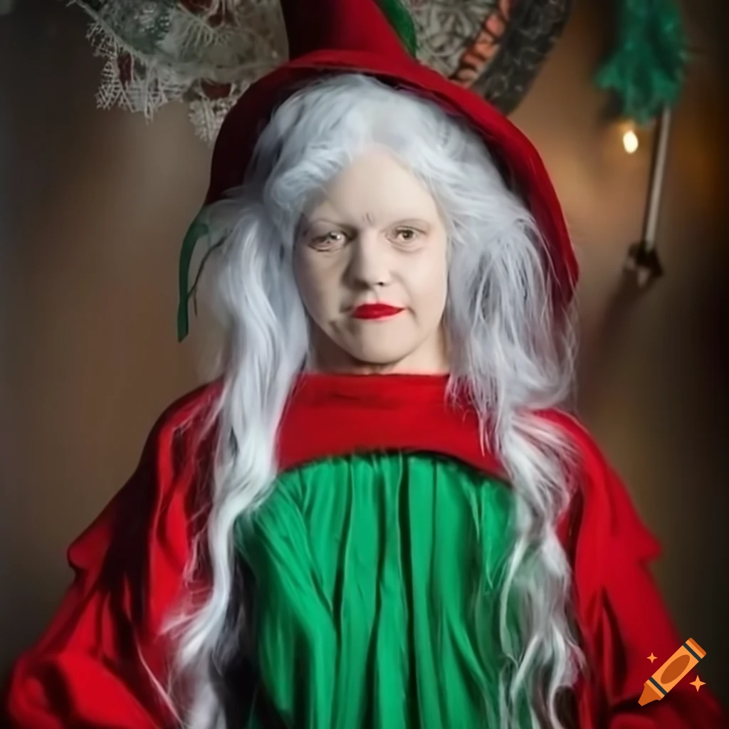 Close up of a christmas witch with white hair in red-and-green dress on ...