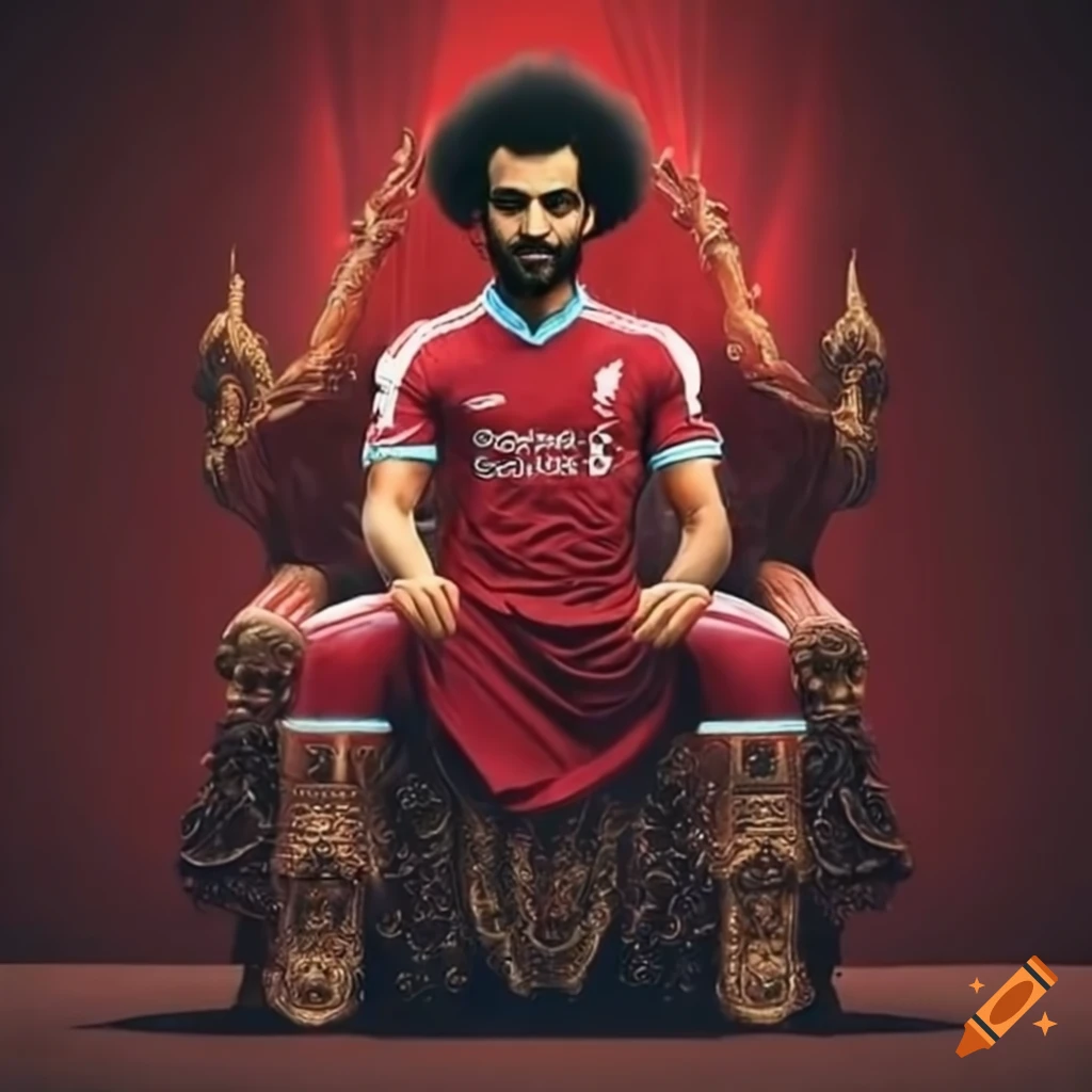 Mohamed Salah King seated on a throne in a dimly lit room on Craiyon