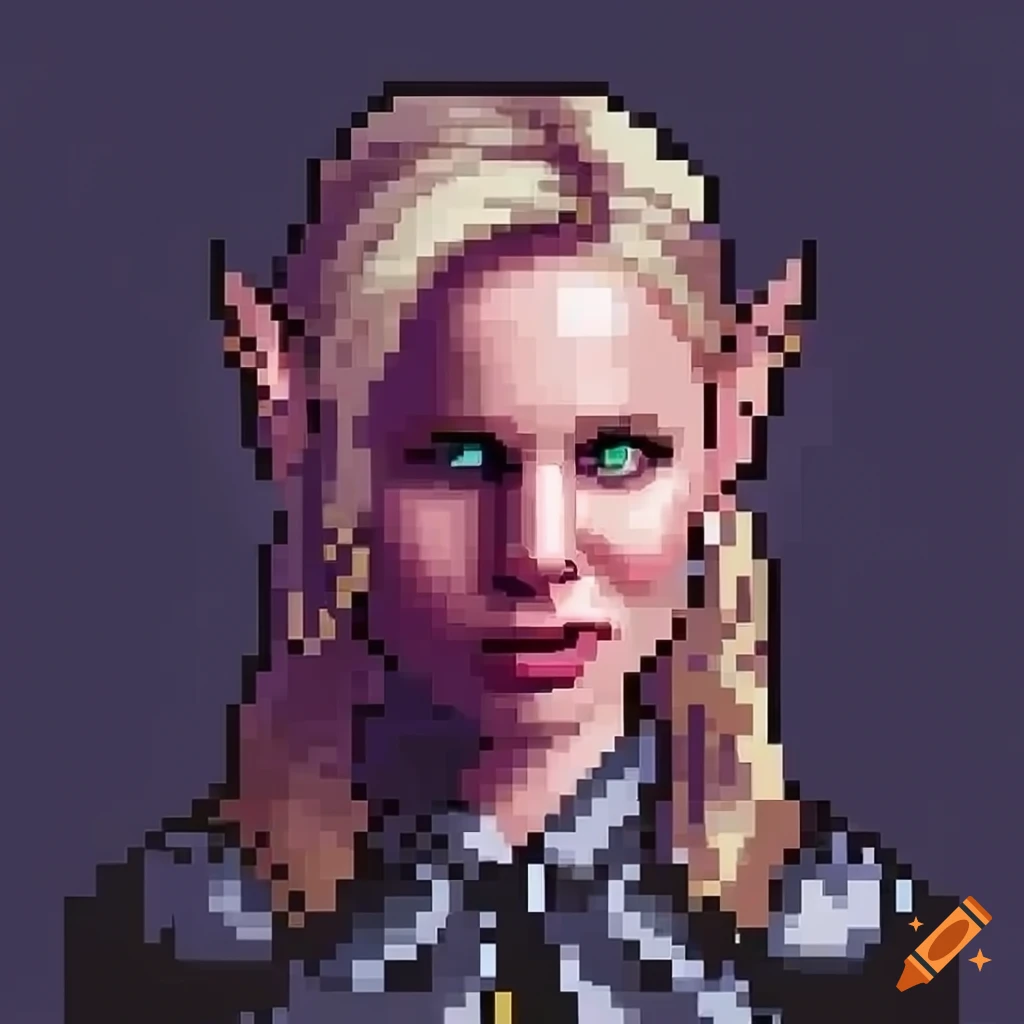 Kristen bell depicted as a pixelated fantasy elf in a black suit and ...