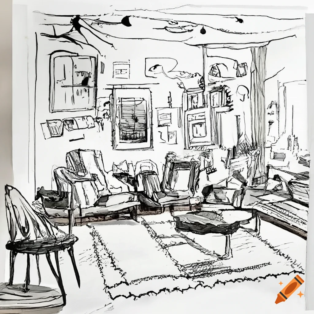 Ink drawing of a living room on Craiyon