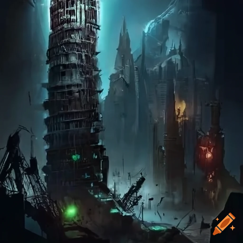 Tower of babel in a cyber post-apocalyptic setting on Craiyon