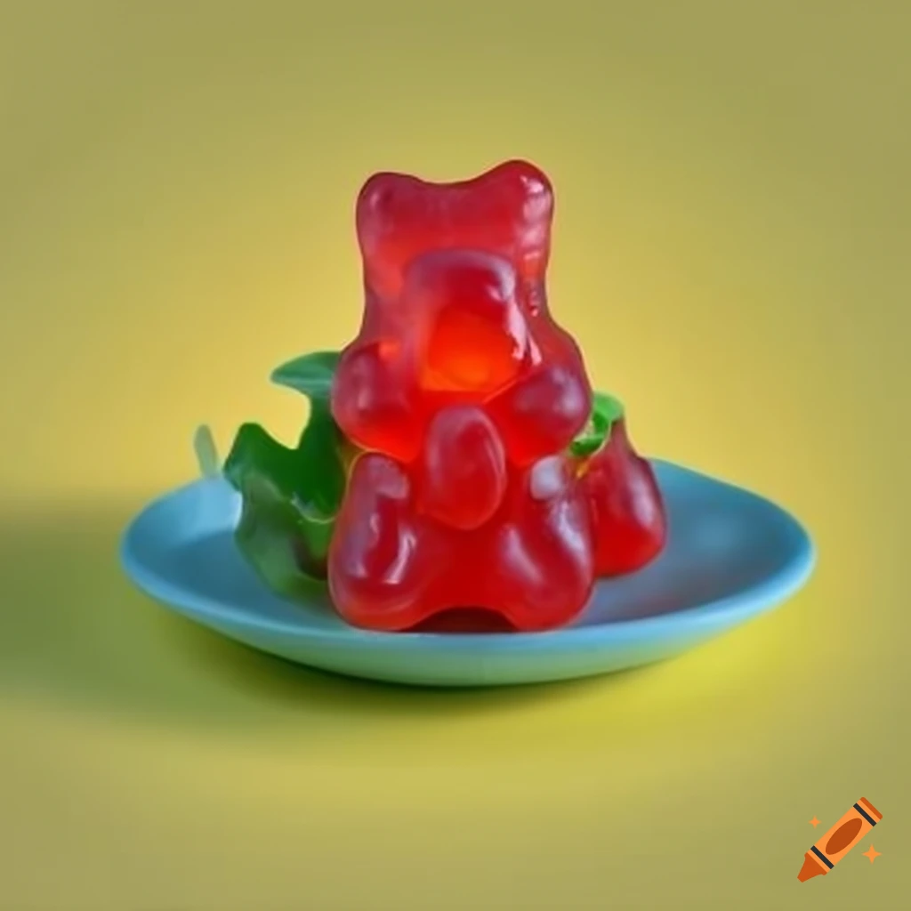 Salad topped with red gummy bears on yellow background on Craiyon