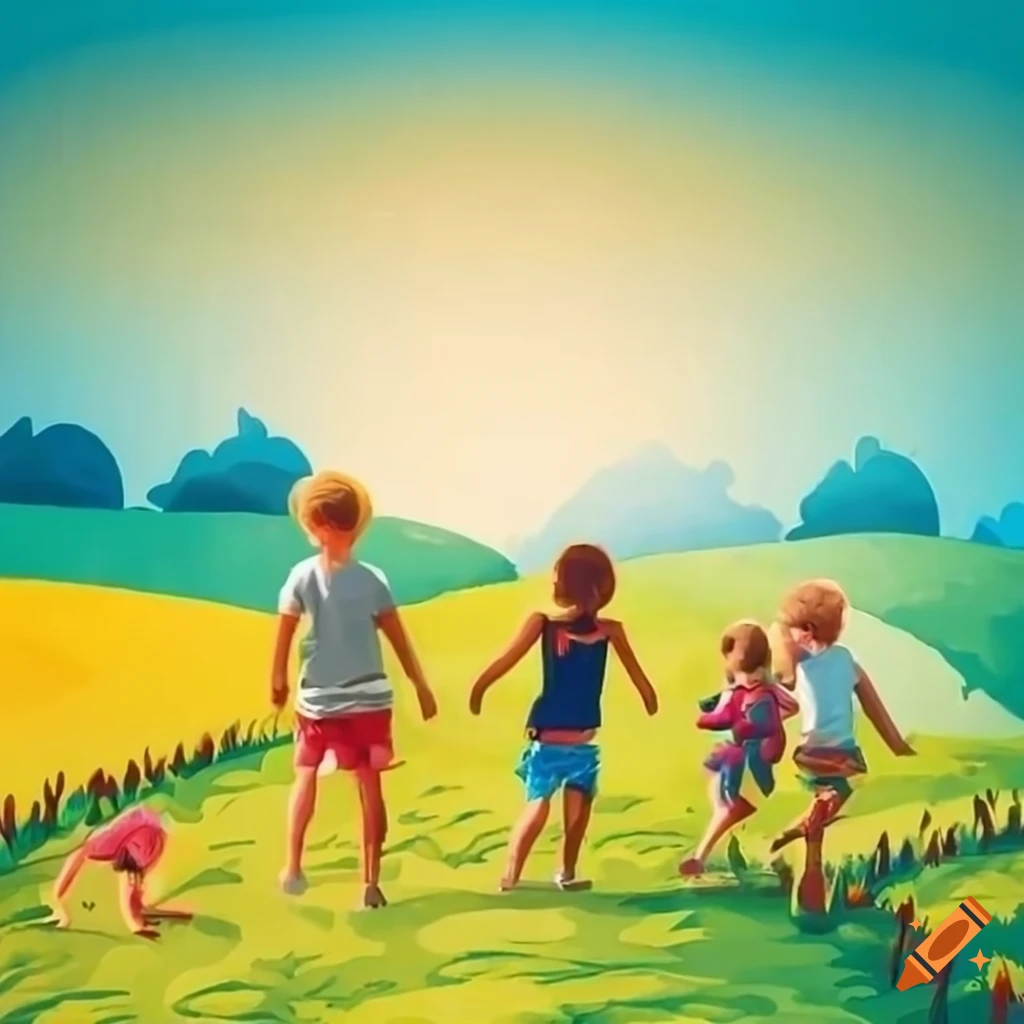 Kids mural of hill country scene with children playing in the fields on ...