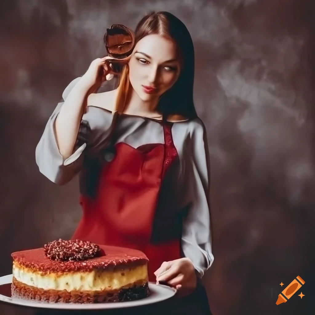 Mysterious woman baking a chocolate cake in a romantic vintage setting ...
