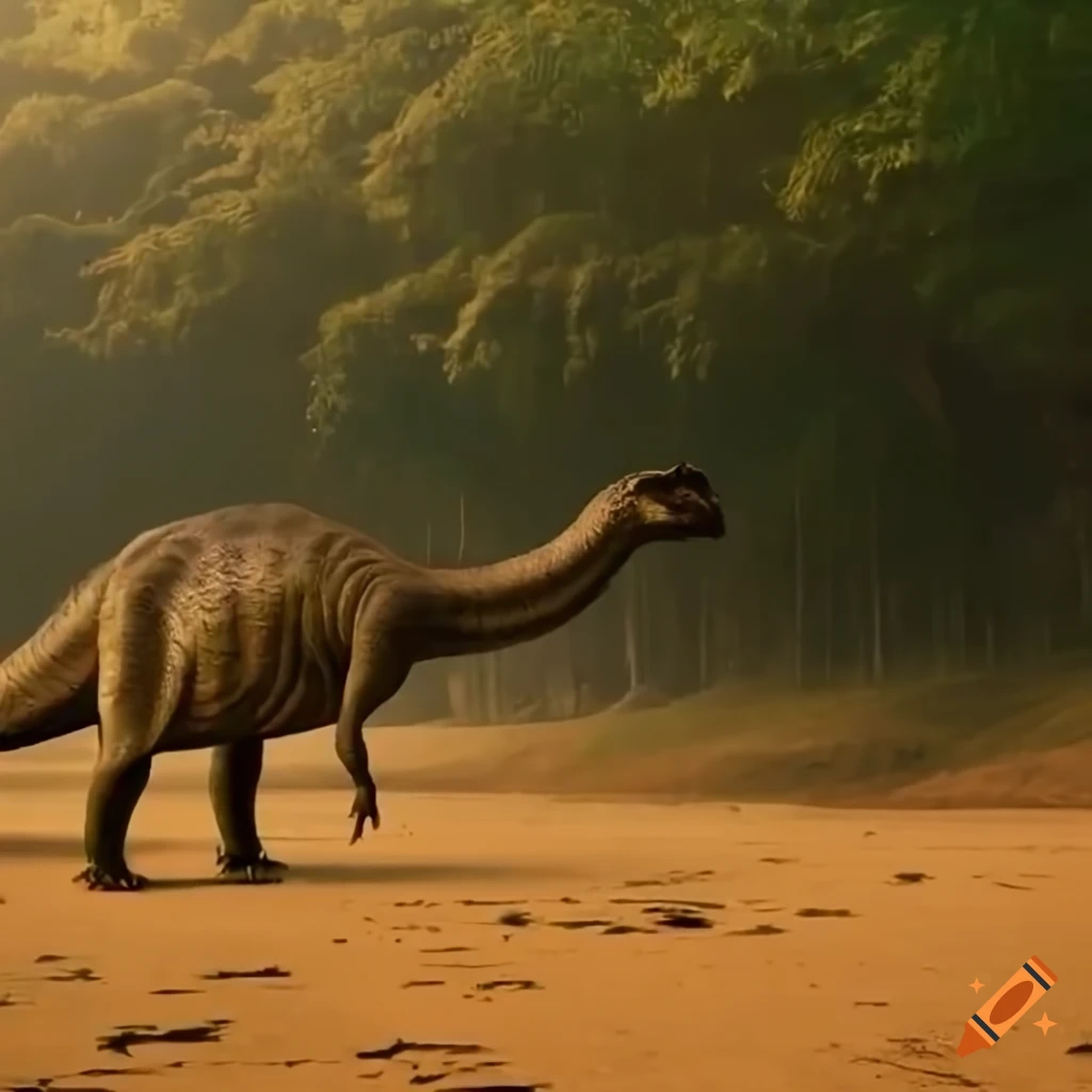 Striped hadrosaurs walking by a forest lake on a misty morning on Craiyon