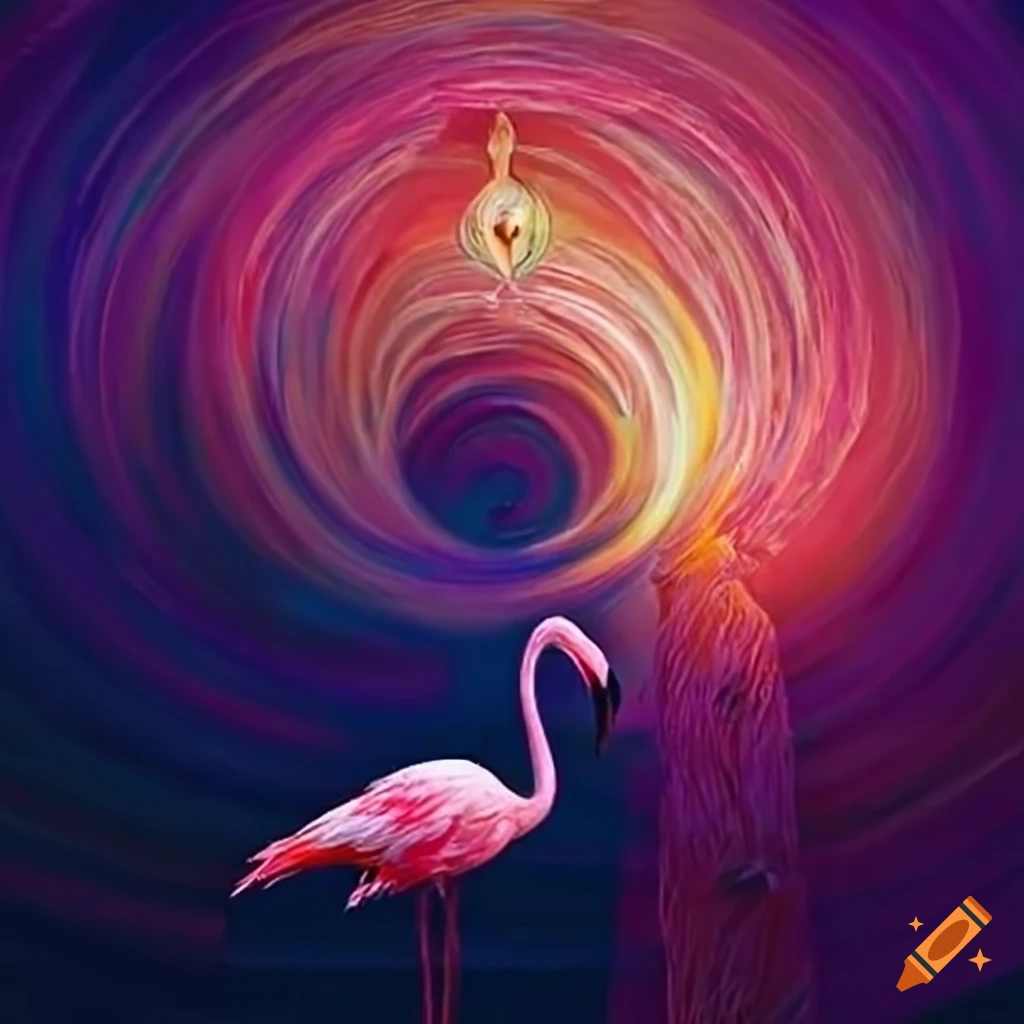Flamingo meeting a divine entity symbolizing purity and harmony on Craiyon