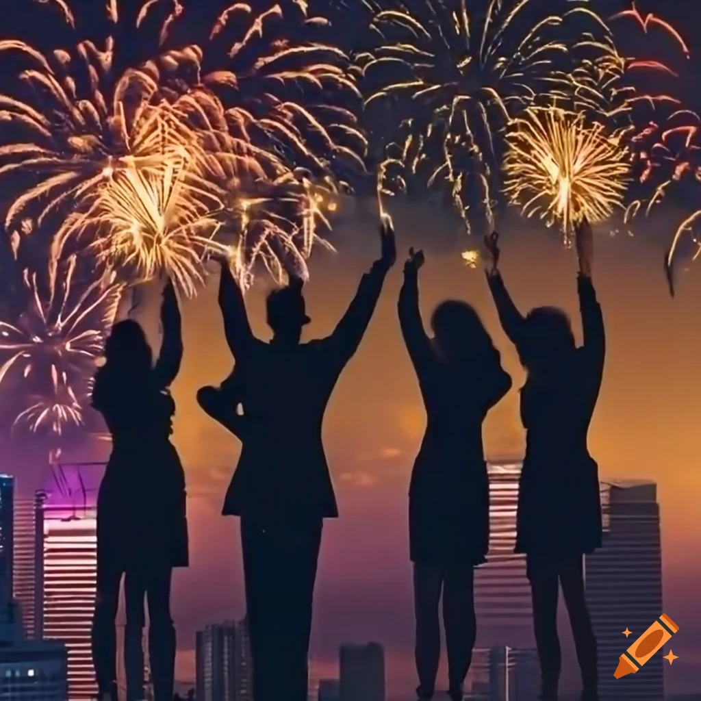 Business professionals enjoying New Year's Eve fireworks from high-rise ...