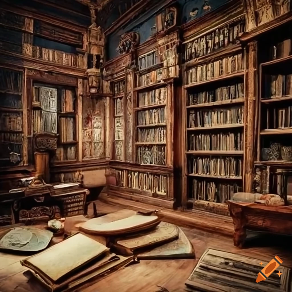 Imaginative ancient study room filled with books, scrolls, and ...