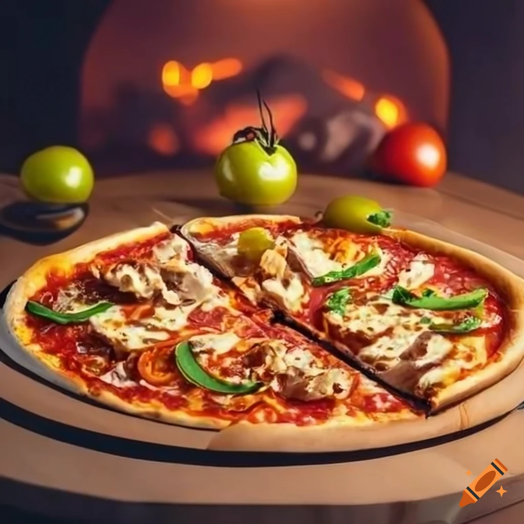Delicious hot pizza with fresh green tomatoes and a delivery menu on Craiyon