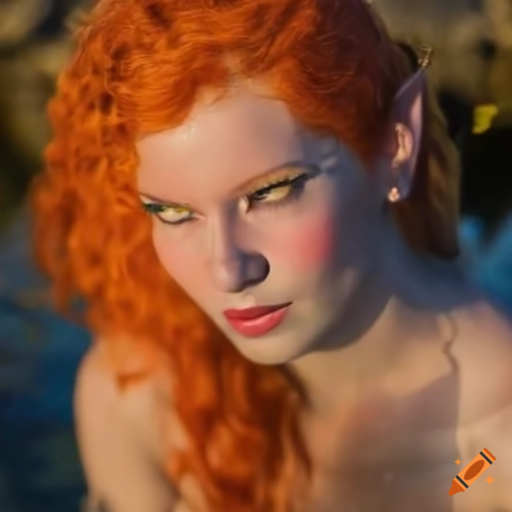 Close-up of a red-haired mermaid goddess at water's edge in lush ...