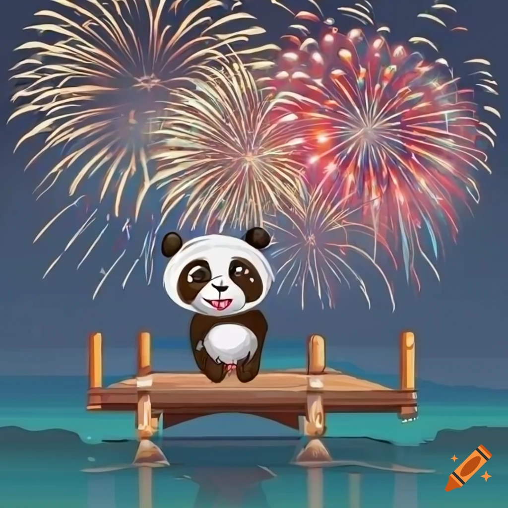 Cartoon panda on a dock overlooking a lake with fireworks on Craiyon