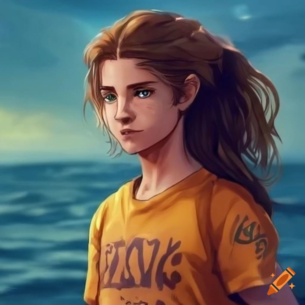 Percy Jackson panel with female child of Poseidon near ocean on Craiyon