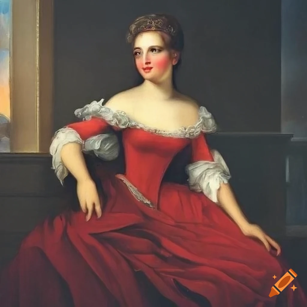 Baroque painting of a Greek princess in a red gown on a palace balcony ...