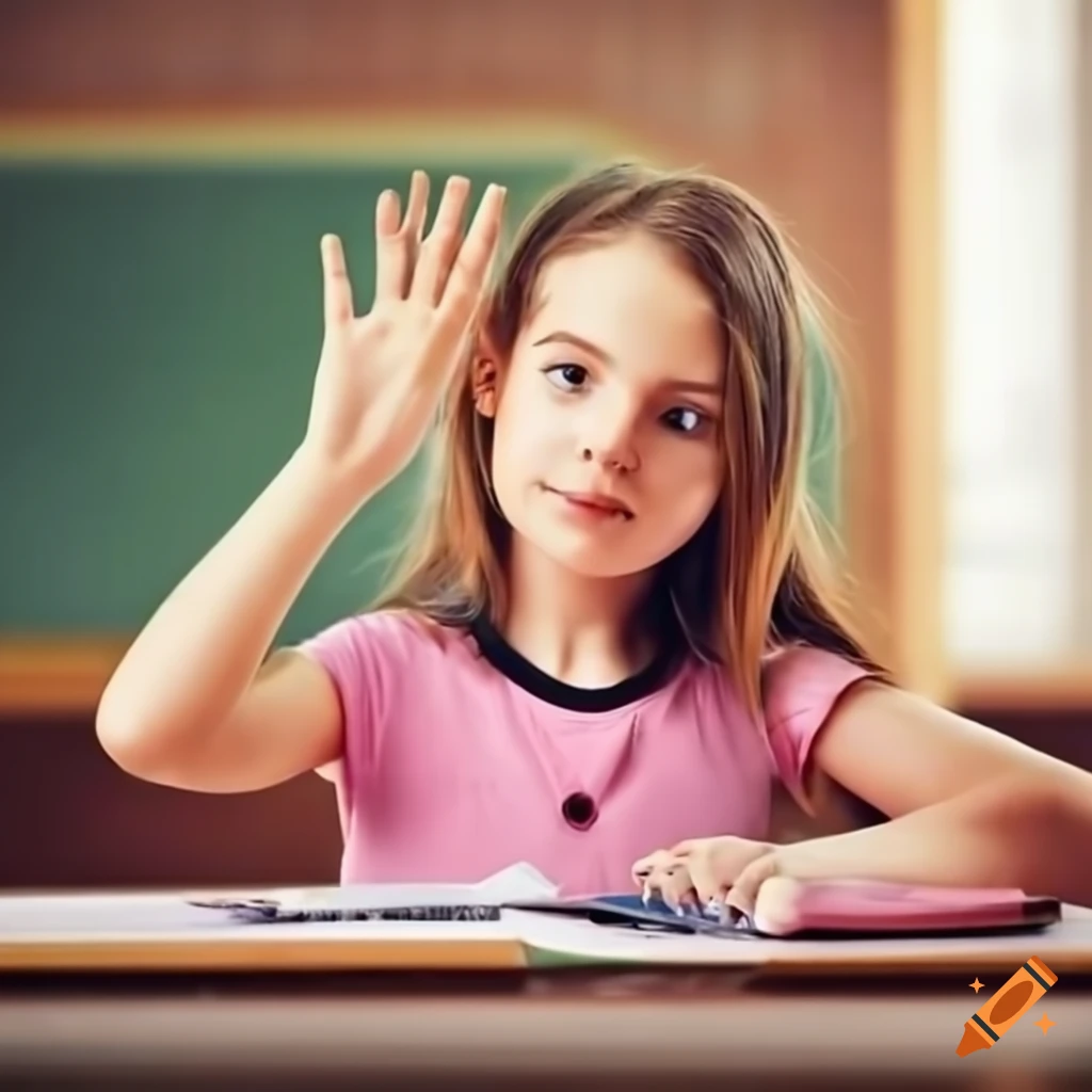 Girl sitting in classroom with hand raised to answer question on Craiyon