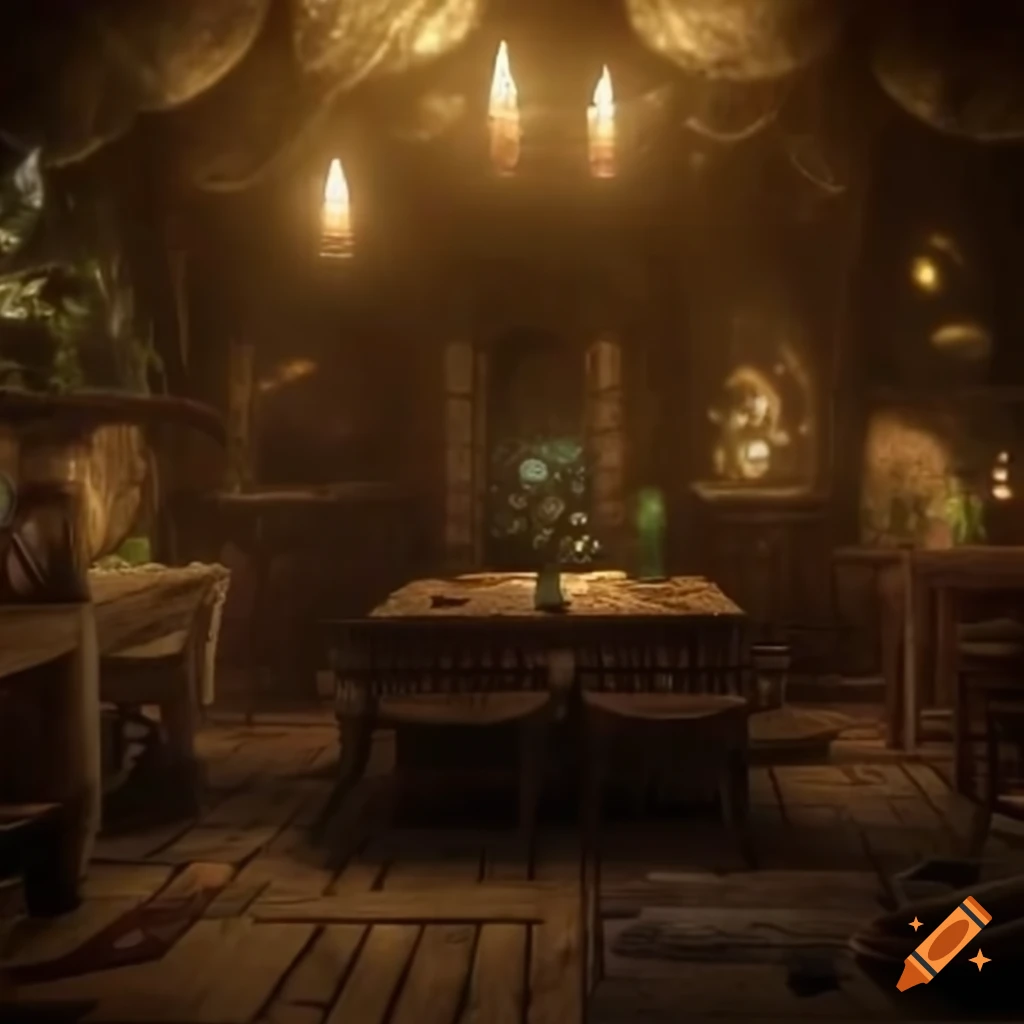Enchanted forest town dining room with shelves of small bottles and ...