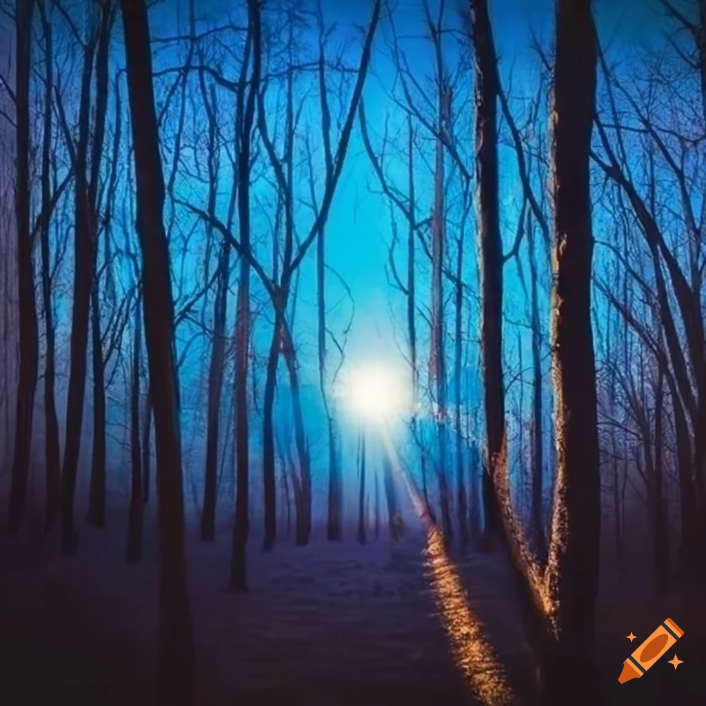 Forest at sunset with a blue sun on Craiyon