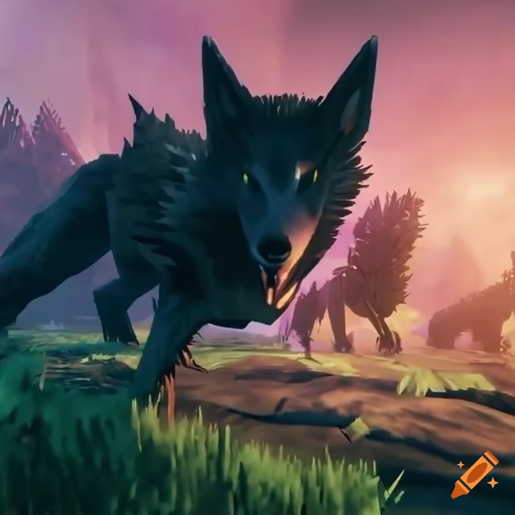 Stone golem from valheim battling a pack of wolves on Craiyon