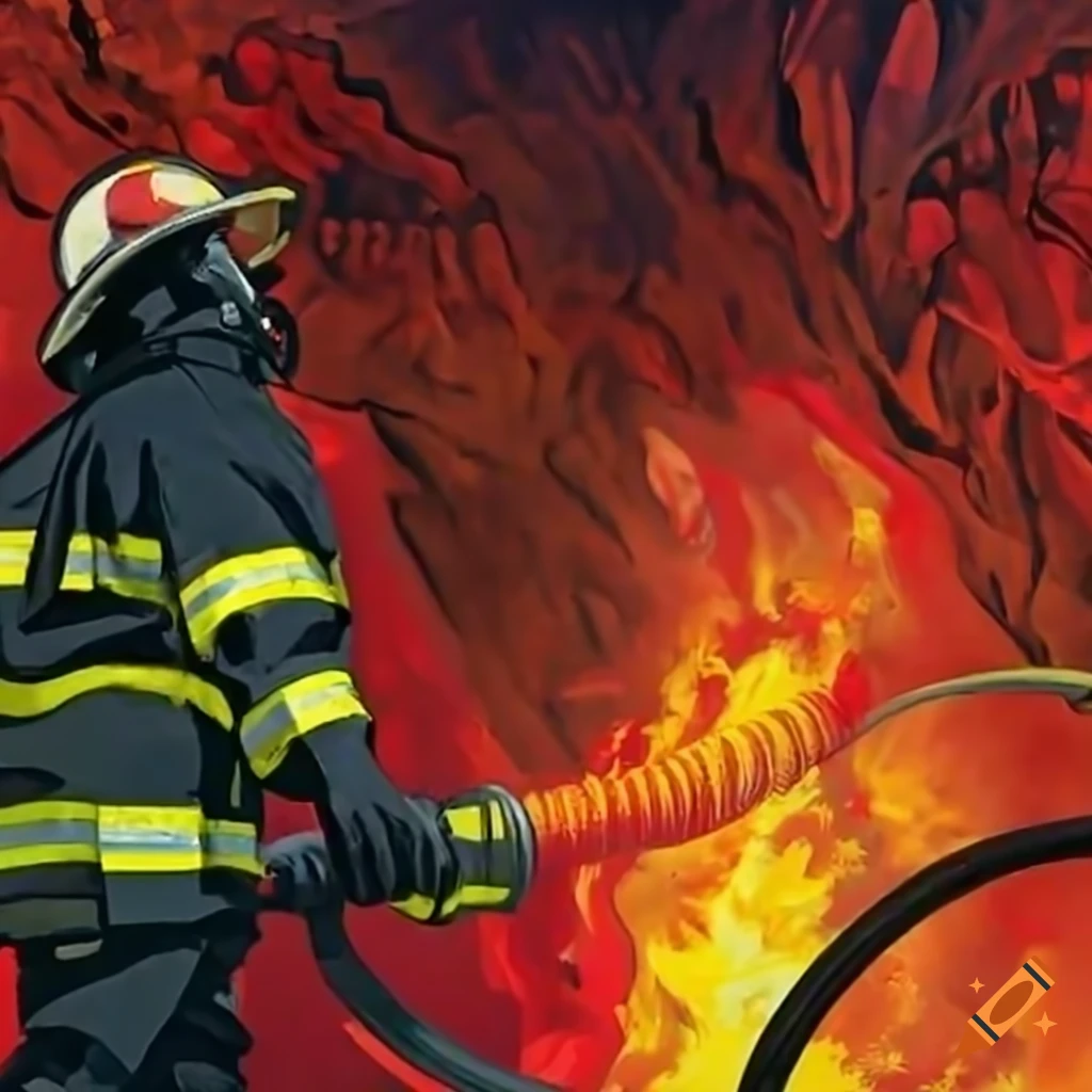 Firefighter in action with a hose against a backdrop of a distant ...