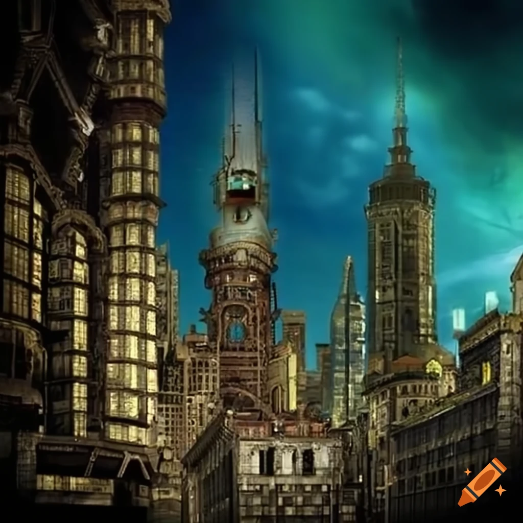 Steampunk cityscape illustration with extreme detail and realism on Craiyon