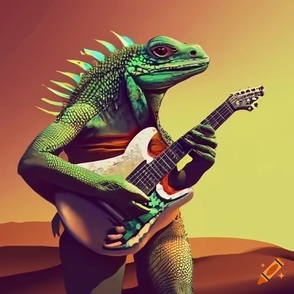 Iguana playing electric guitar in a desert with cactus on Craiyon