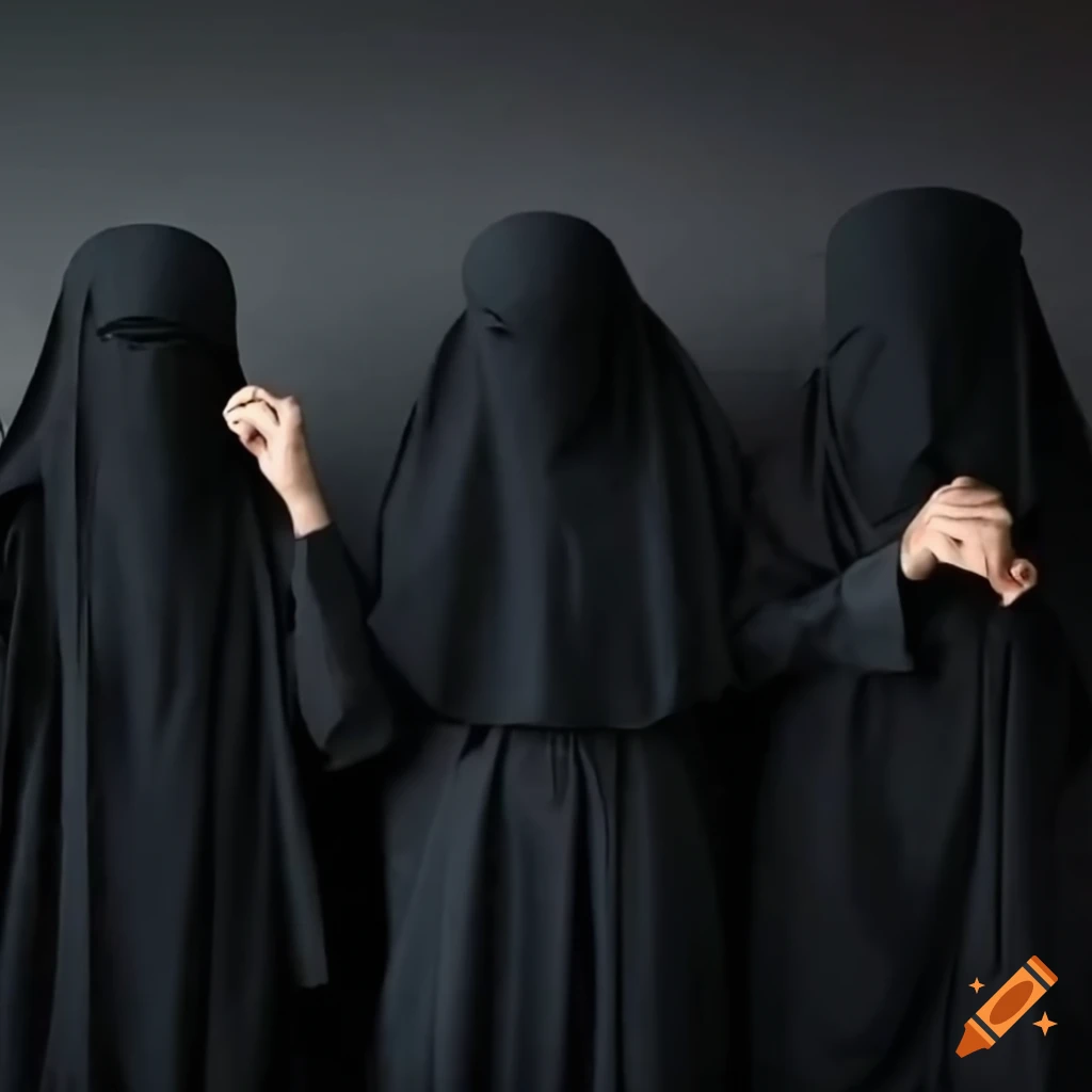Mother and three daughters in full black jilbab and niqab on Craiyon