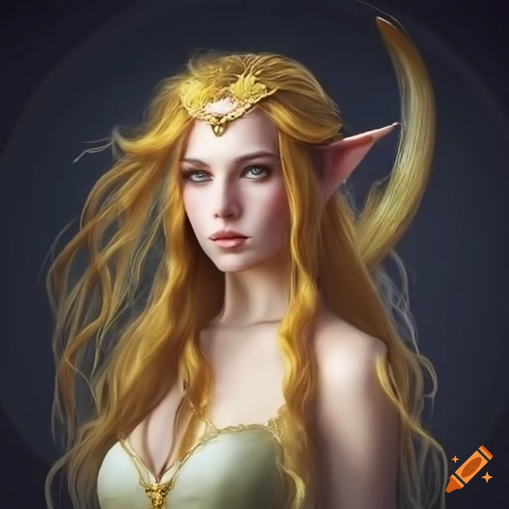 Mystical elven maiden with golden hair and magical powers on Craiyon