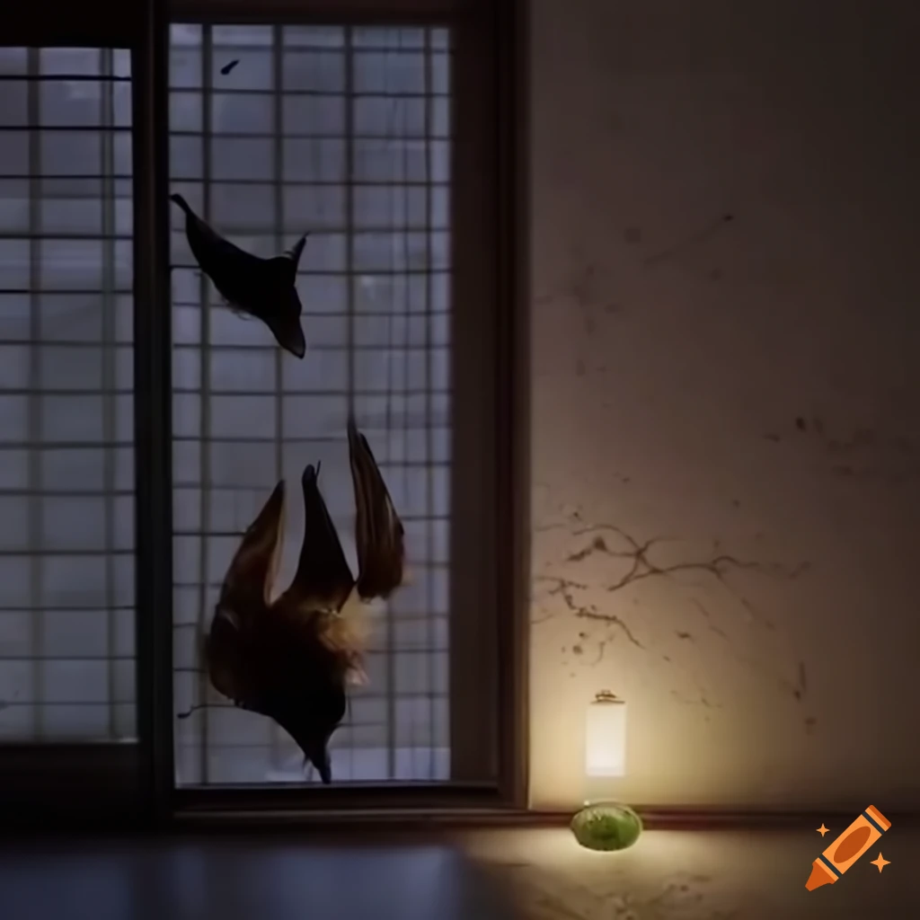 Levitating young lady in room full of bats in front of window at night ...