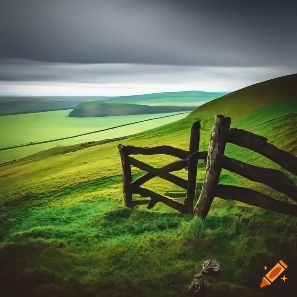 Rolling hills in an irish field under overcast skies on Craiyon