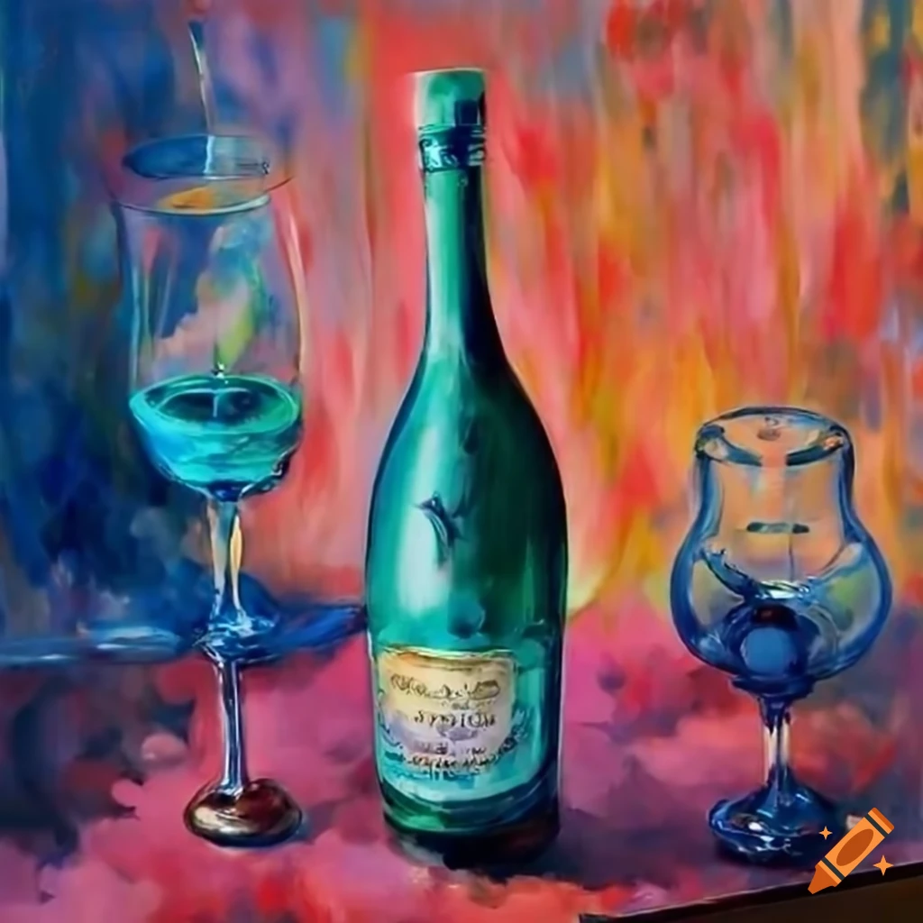 Monet style painting of champagne bottle and glass on Craiyon