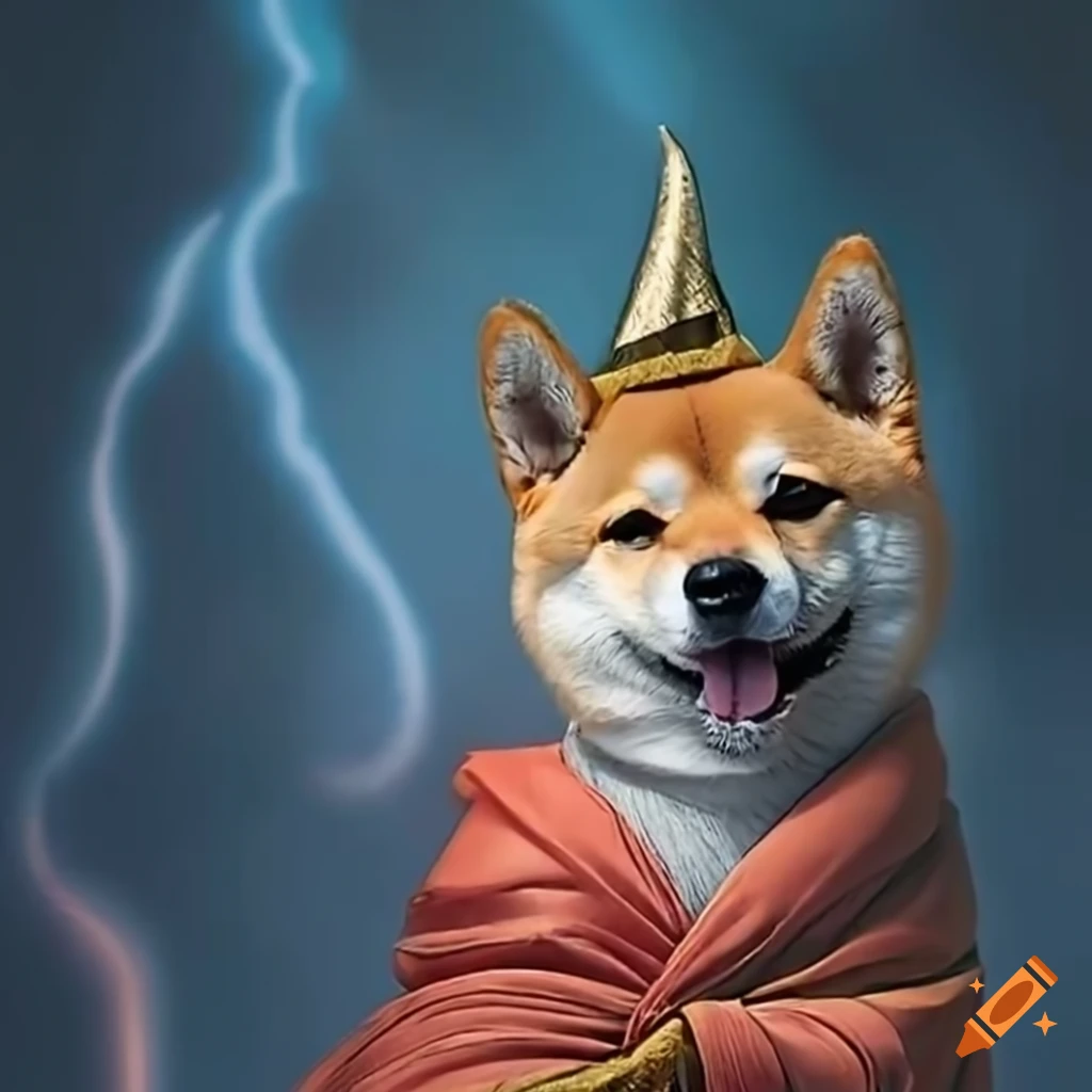 Shiba inu dressed as a wizard casting a spell on Craiyon