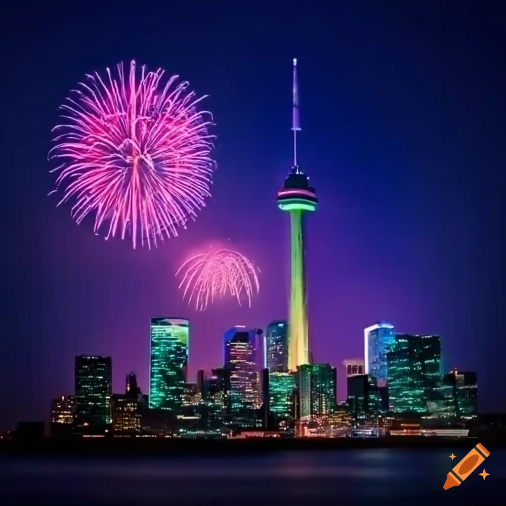 Glossy neon artwork of toronto skyline with cn tower and fireworks on ...
