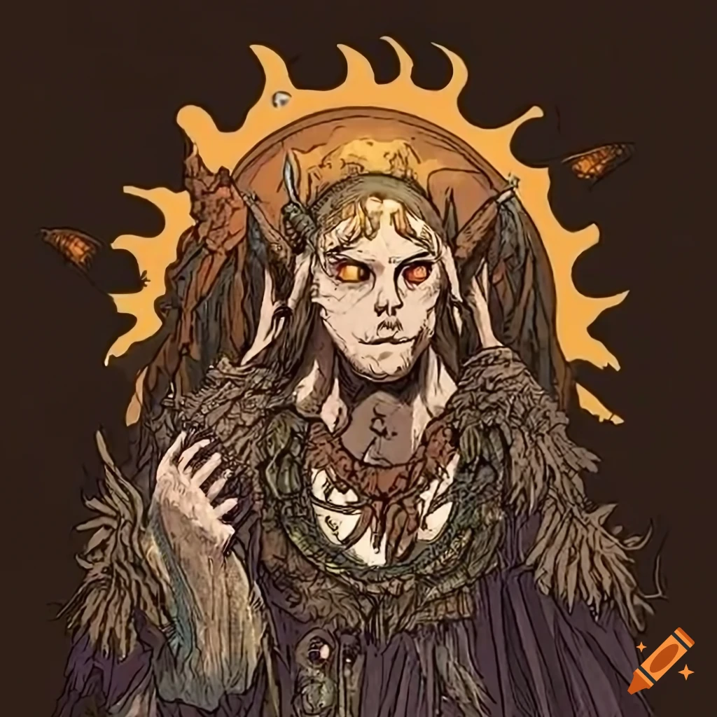 Viking druid with sun, raven, trees, and water traits in Gustave Dorée ...