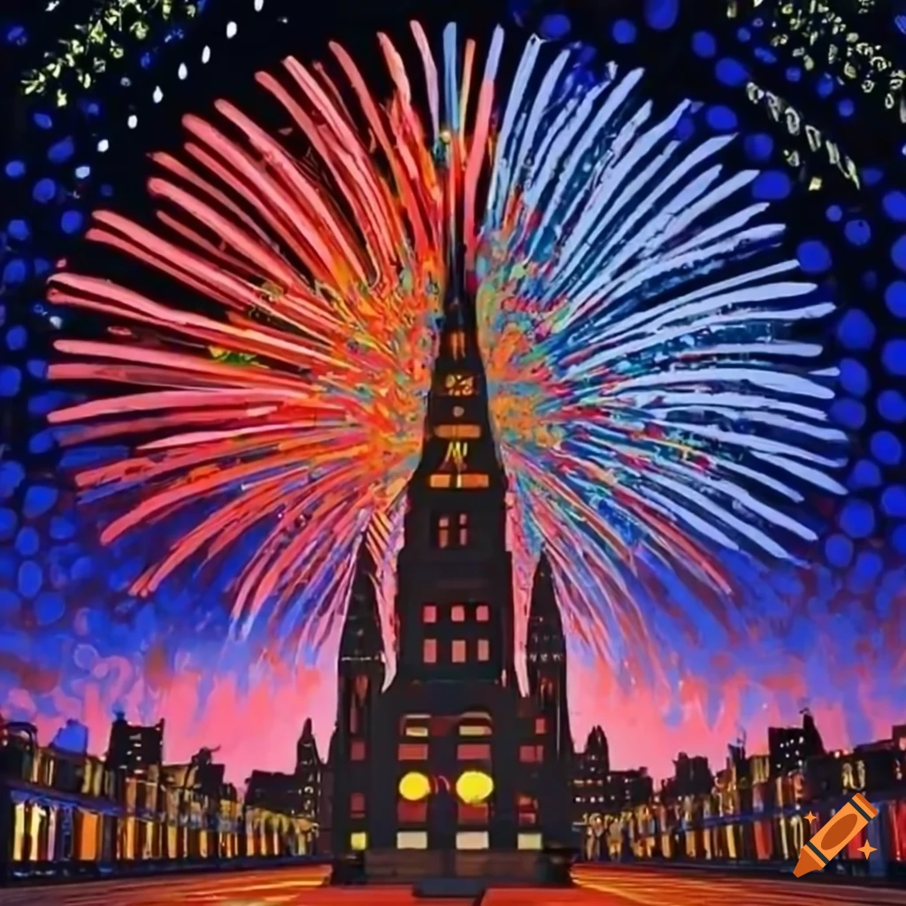New Year's celebration with Vasarely-style fireworks over the city on ...