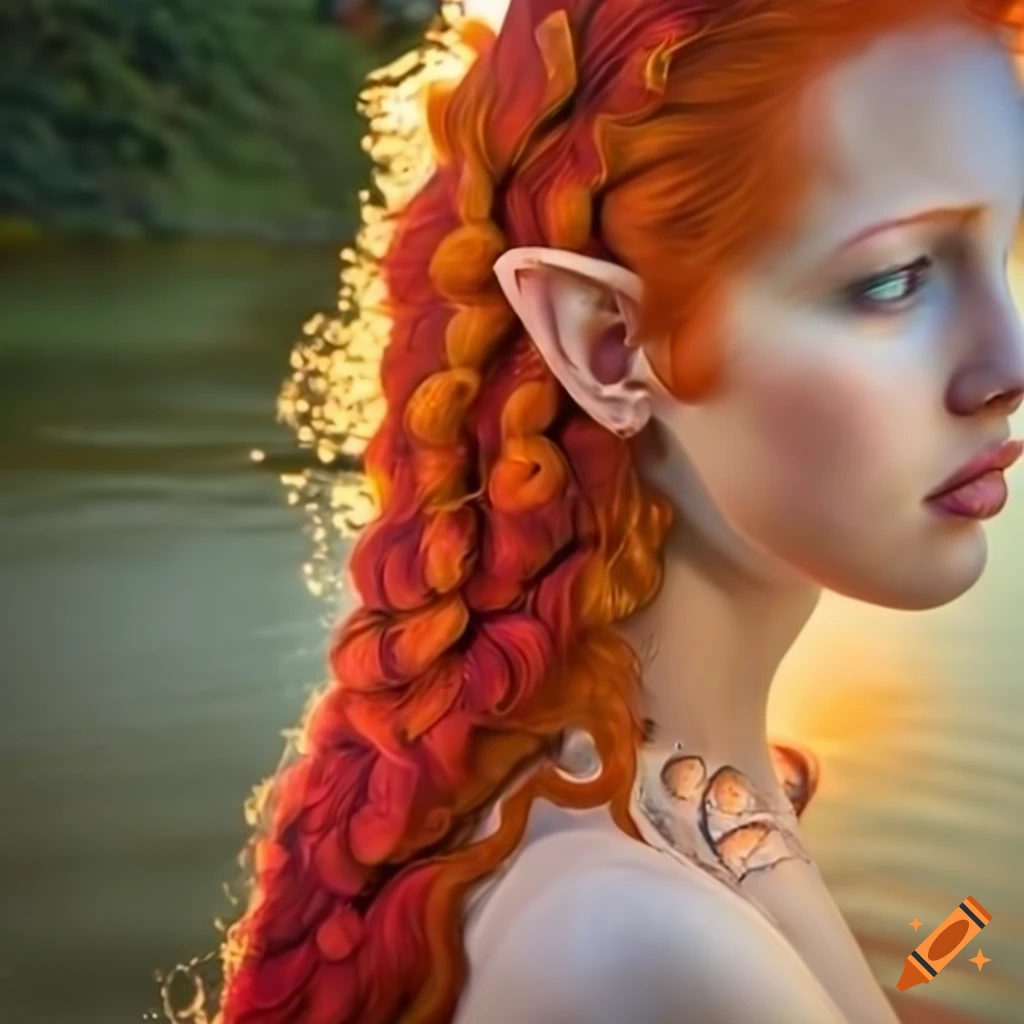 Close-up of a red-haired mermaid goddess at water's edge in lush ...