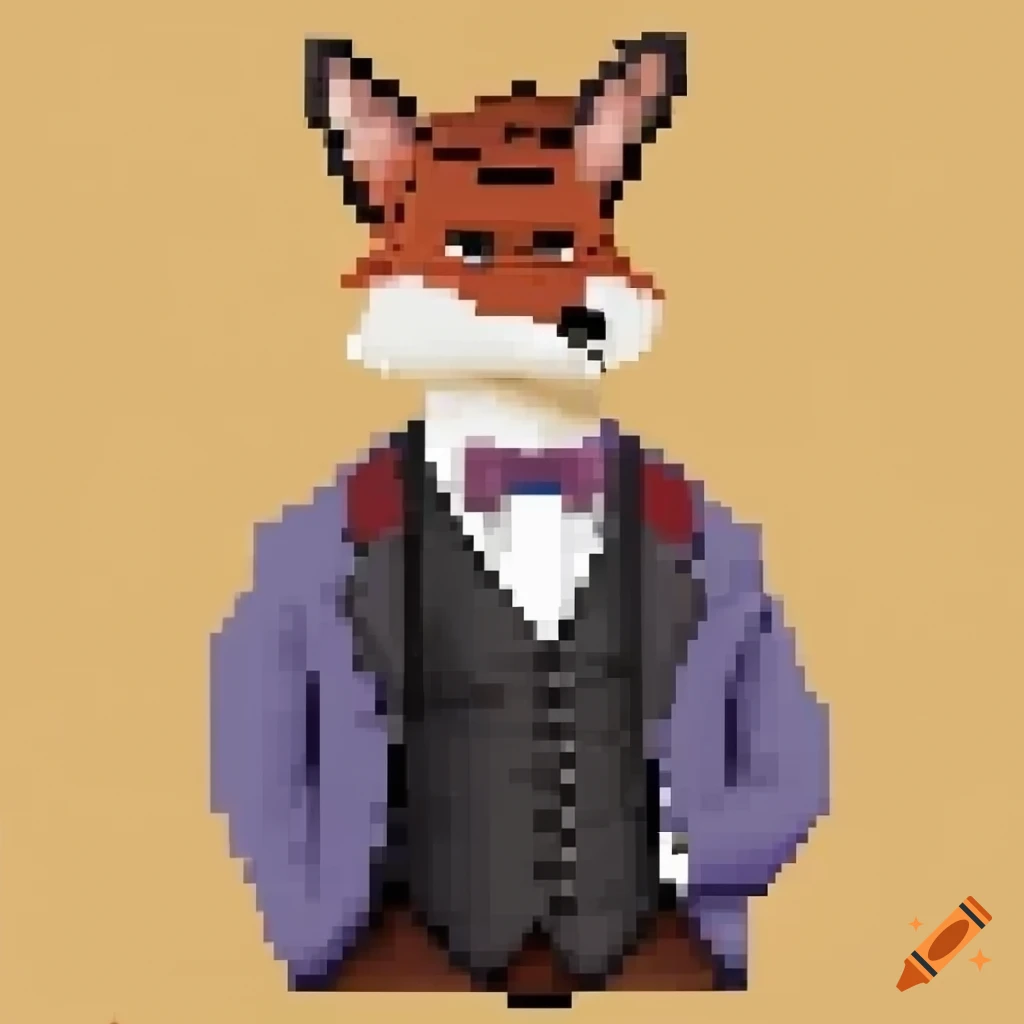 Dapper male fox in suit vest and fedora in pixel art style on Craiyon