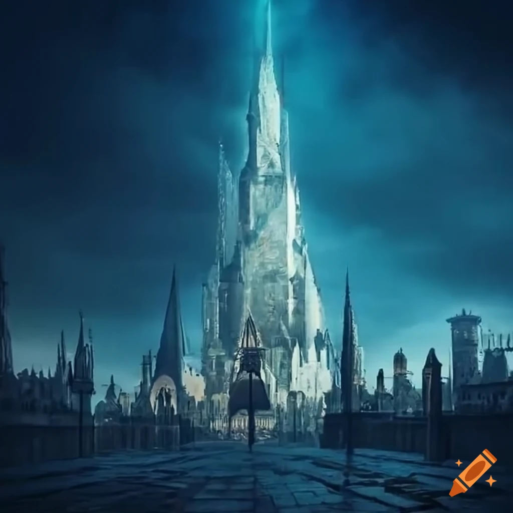 Medieval city with a massive glass spire and buildings carved into the ...