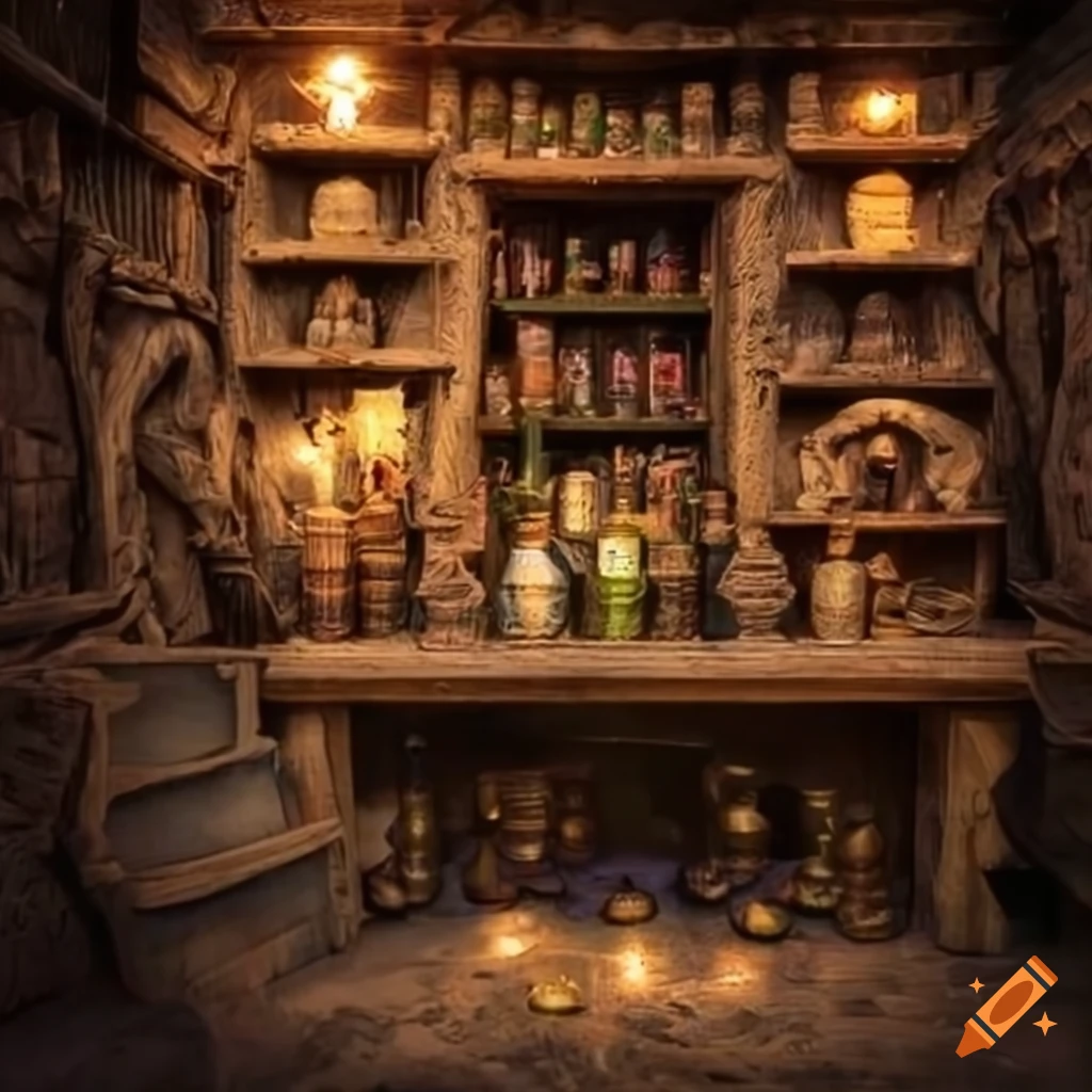 Alchemist's chamber with shelves of bottles in an enchanted forest town ...