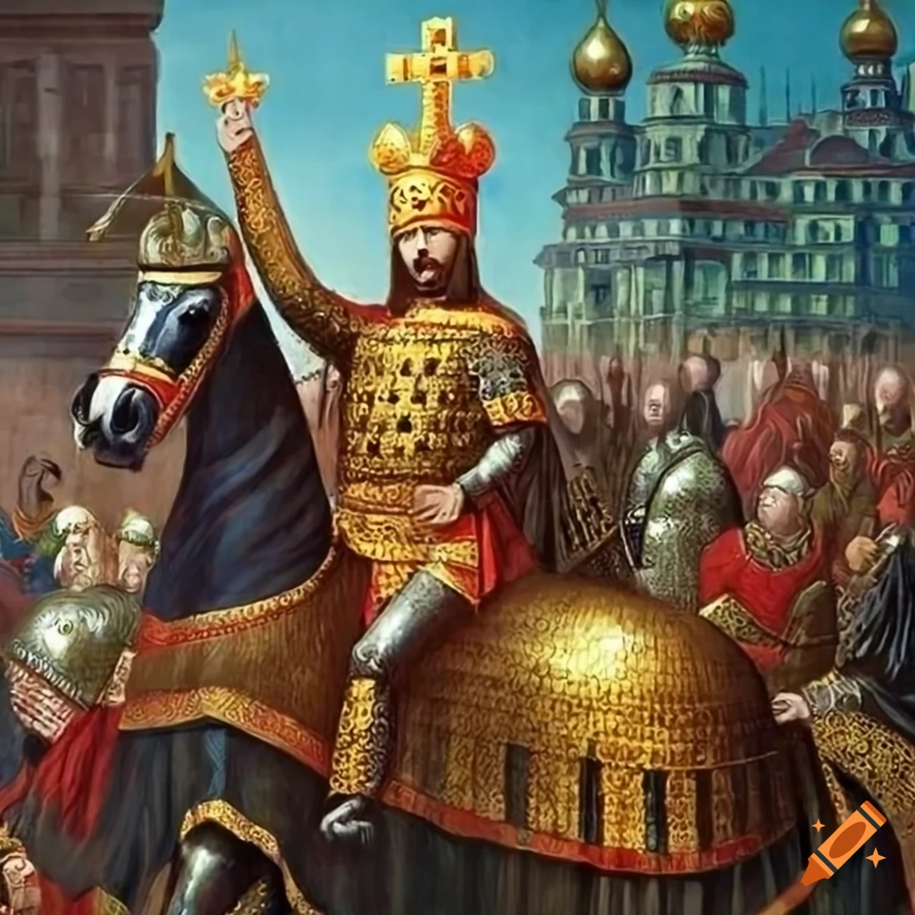 Historical painting of king of rus entering conquered city on horse on ...