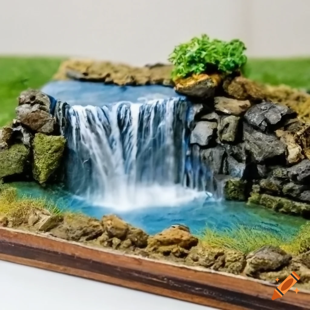 Miniature diorama of a waterfall with water reflections on Craiyon